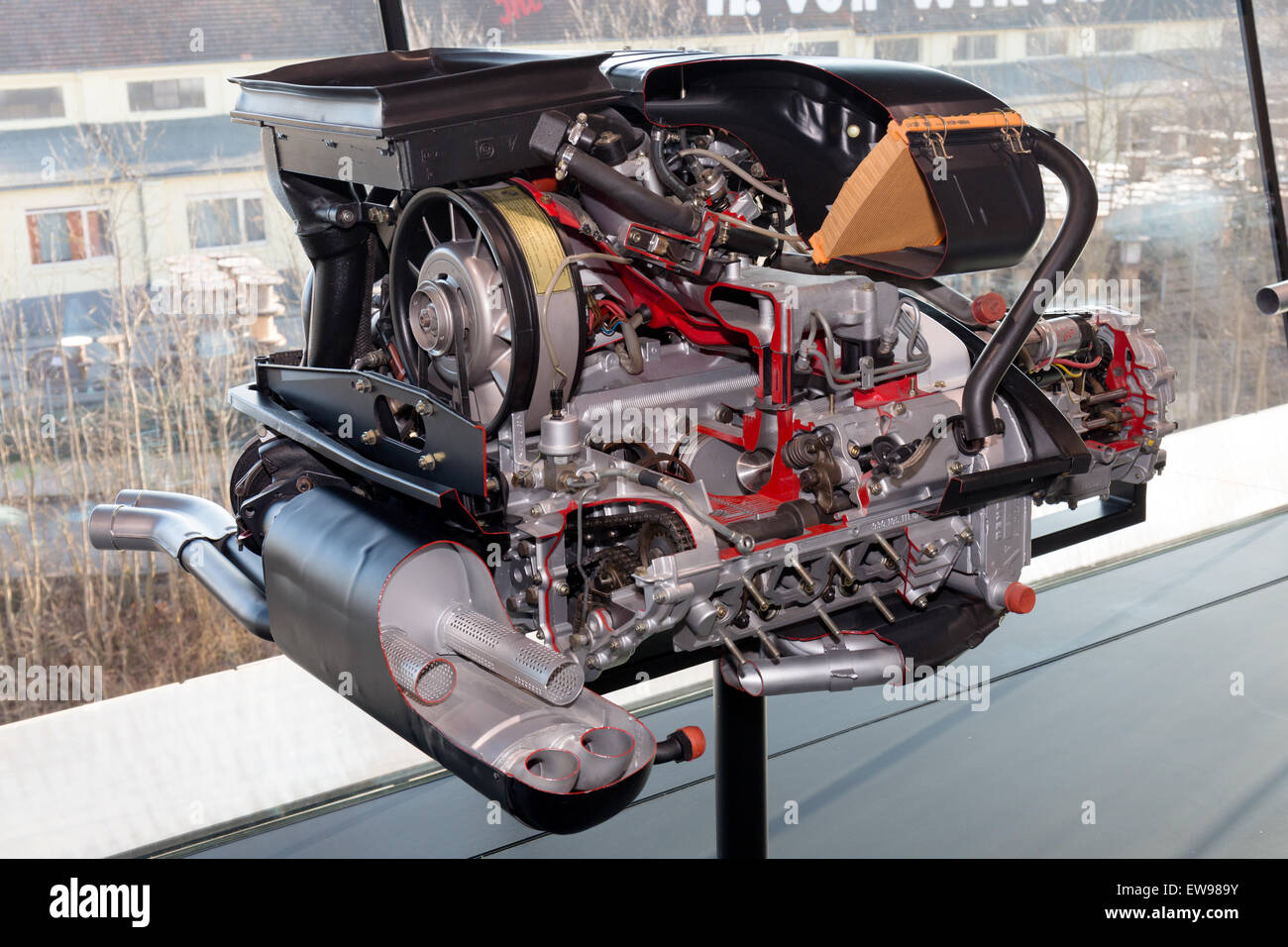 The Porsche 930-60 engine, displayed at the Porsche Museum, a high ...