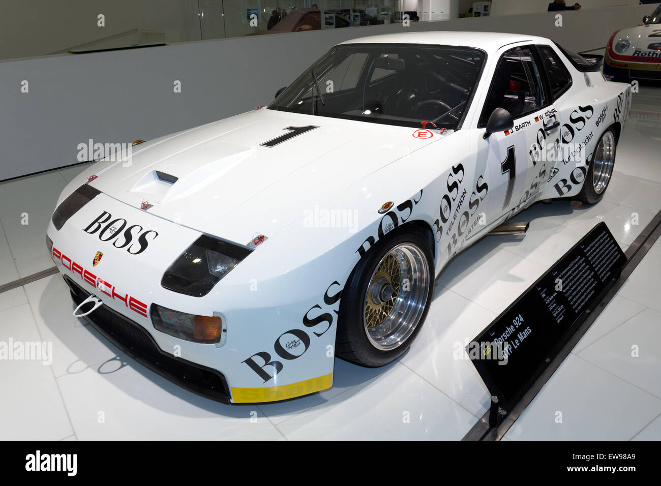 The Porsche 944 LM, showcased at the Porsche Museum, offers a front-left view of this race-ready ...