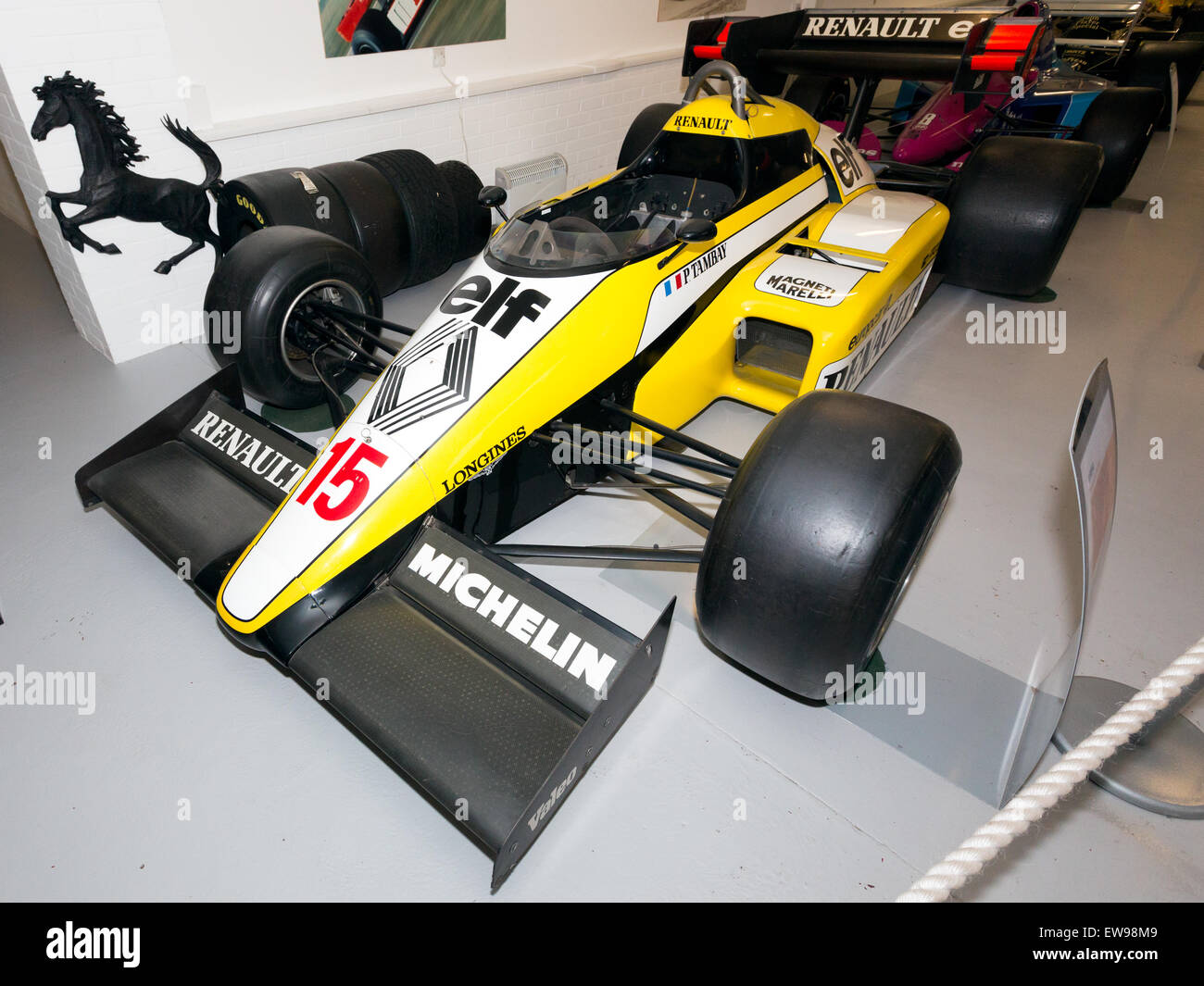 The Renault RE50, a Formula 1 racing car, is displayed from the front ...