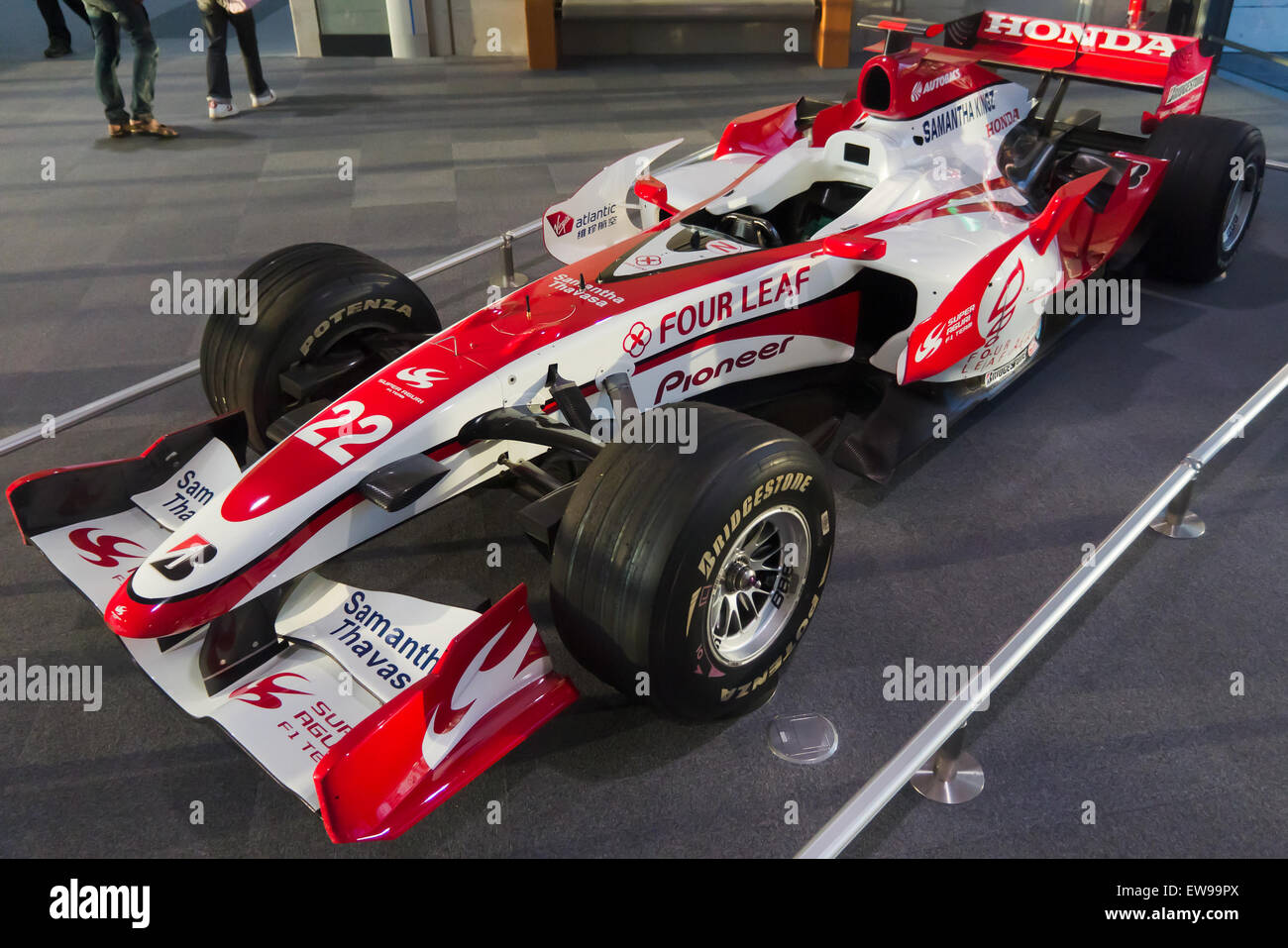 The Super Aguri SA07, a Formula 1 car designed by Super Aguri F1 Team, is displayed in the Honda ...