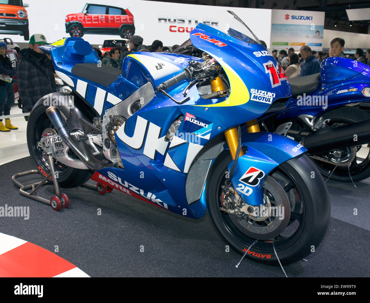The 2013 Suzuki MotoGP test bike, displayed at the Tokyo Motor Show, is ...