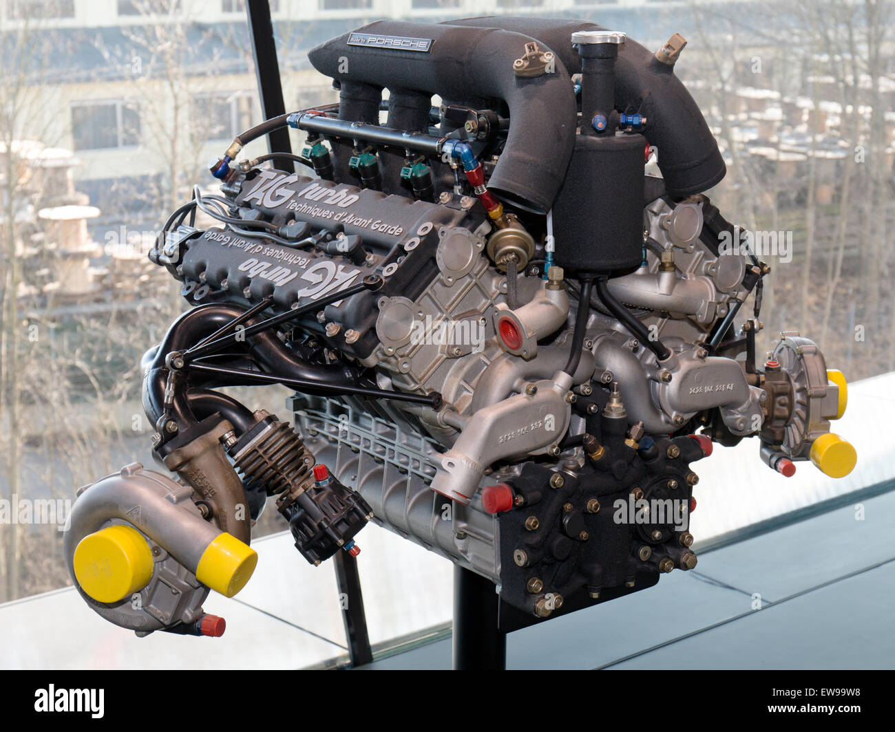 The TAG TTE PO1 engine, displayed at the Porsche Museum, represents ...