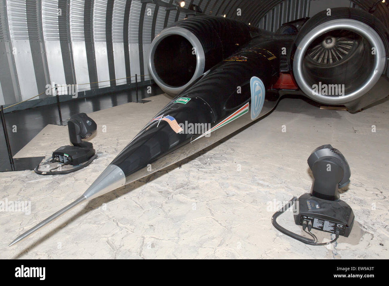 The ThrustSSC, a British jet-propelled car, is displayed from a front ...