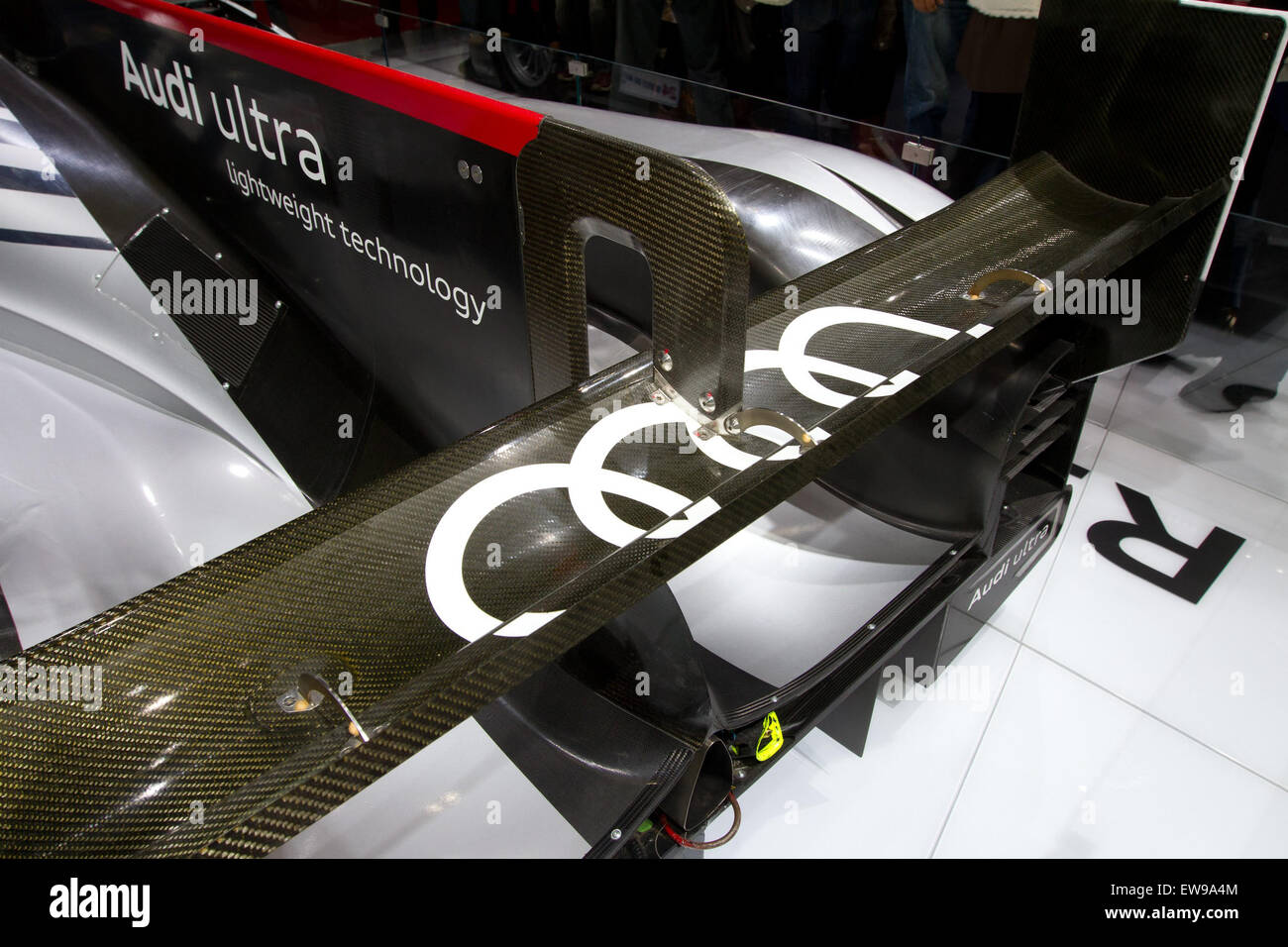 The Audi R18 TDI displayed at the 2011 Tokyo Motor Show features a ...