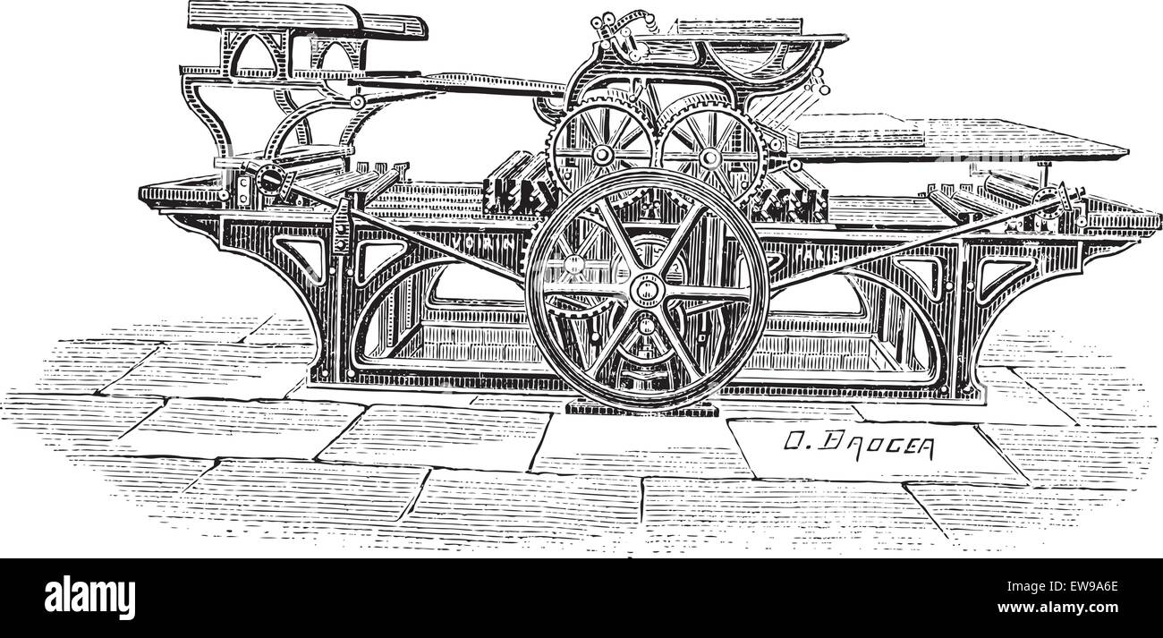 Old engraved illustration of Double printing press, this press can ...