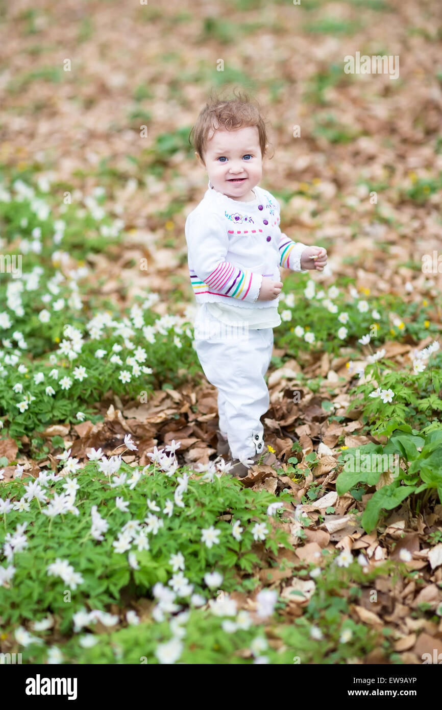 Little girl walking in a spring park with white flowers Stock Photo - Alamy