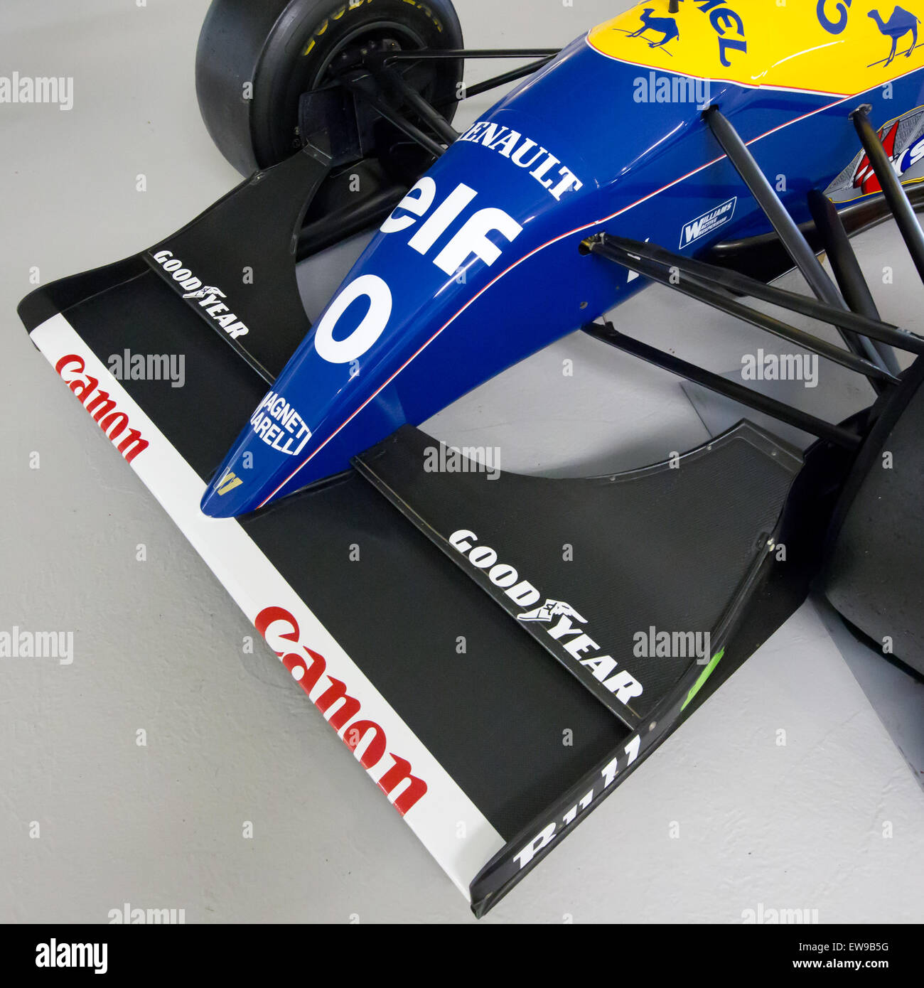 This image showcases the front wing of the Williams FW15C, a Formula 1 ...