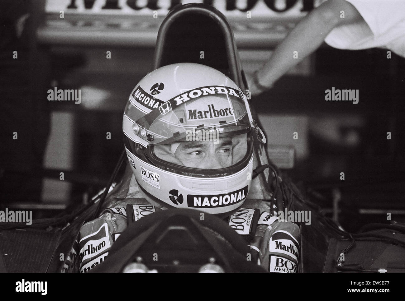 A black-and-white photograph of Ayrton Senna during the 1991 United ...
