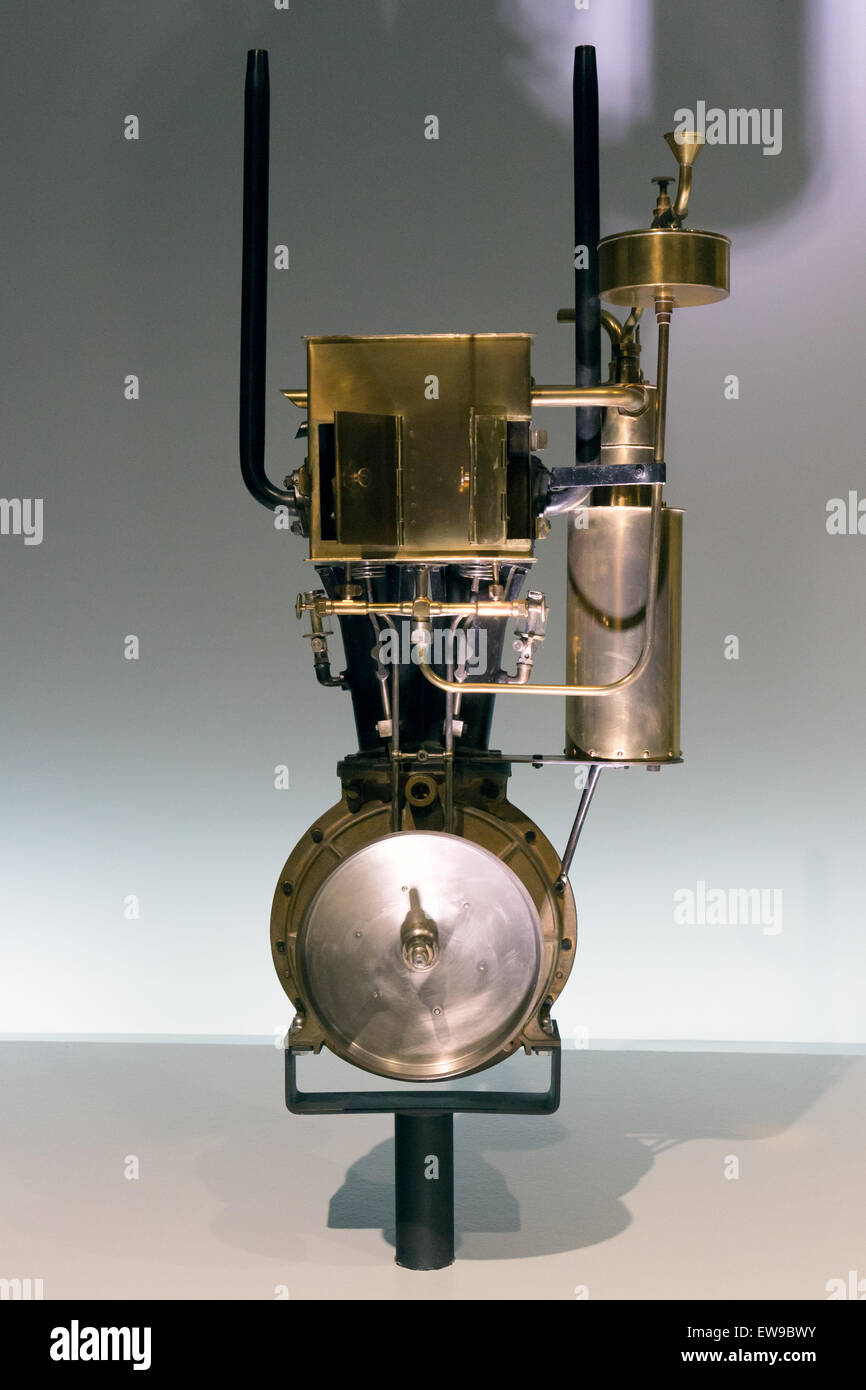 The Daimler 2-cylinder engine, showcased at the Mercedes-Benz Museum ...