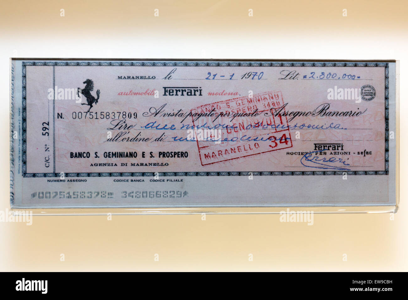 This signed cheque from Enzo Ferrari, dated January 21, 1970, is a ...