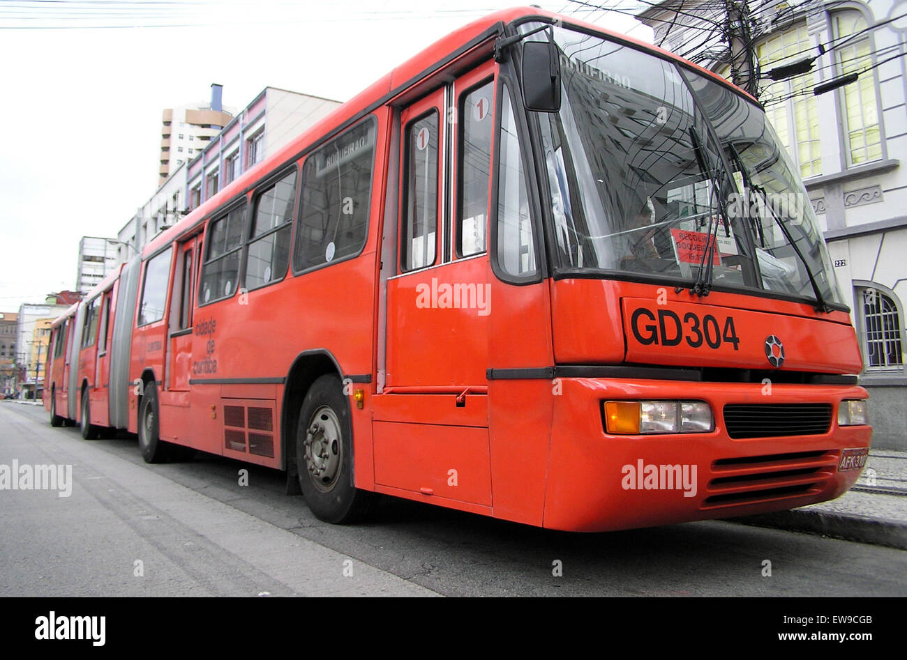 A photograph of the Expresso Biarticulado bus in Curitiba, Brazil, a ...