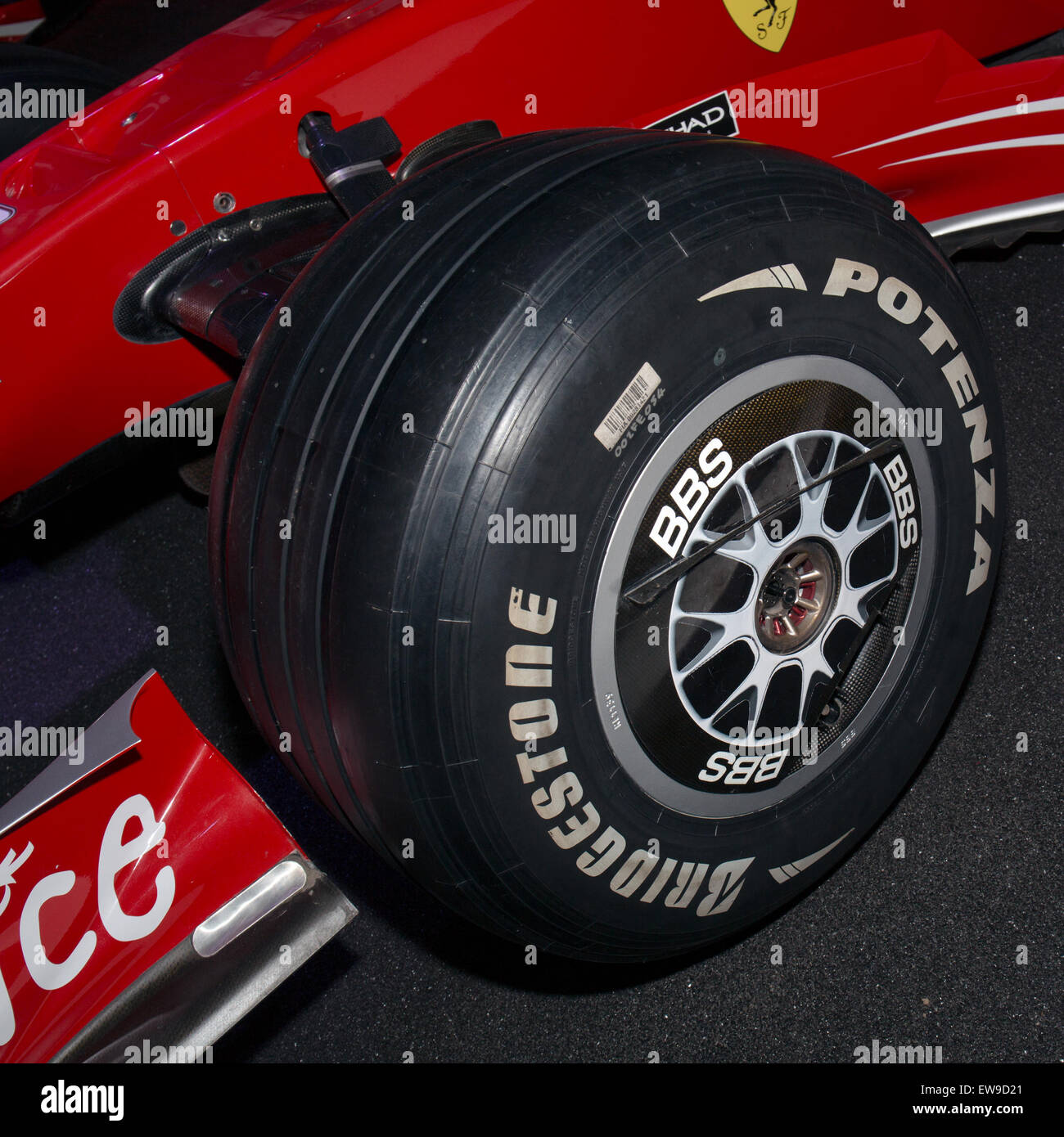 The Ferrari F2008 front tire displayed at the Museo Ferrari highlights ...