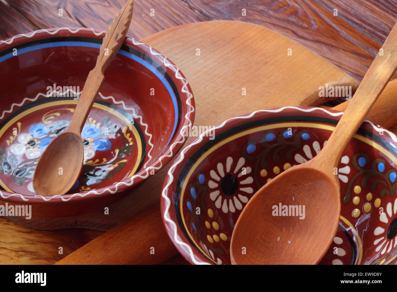 are ceramic plates, kitchen wooden spoons, boards, rocking Stock Photo ...