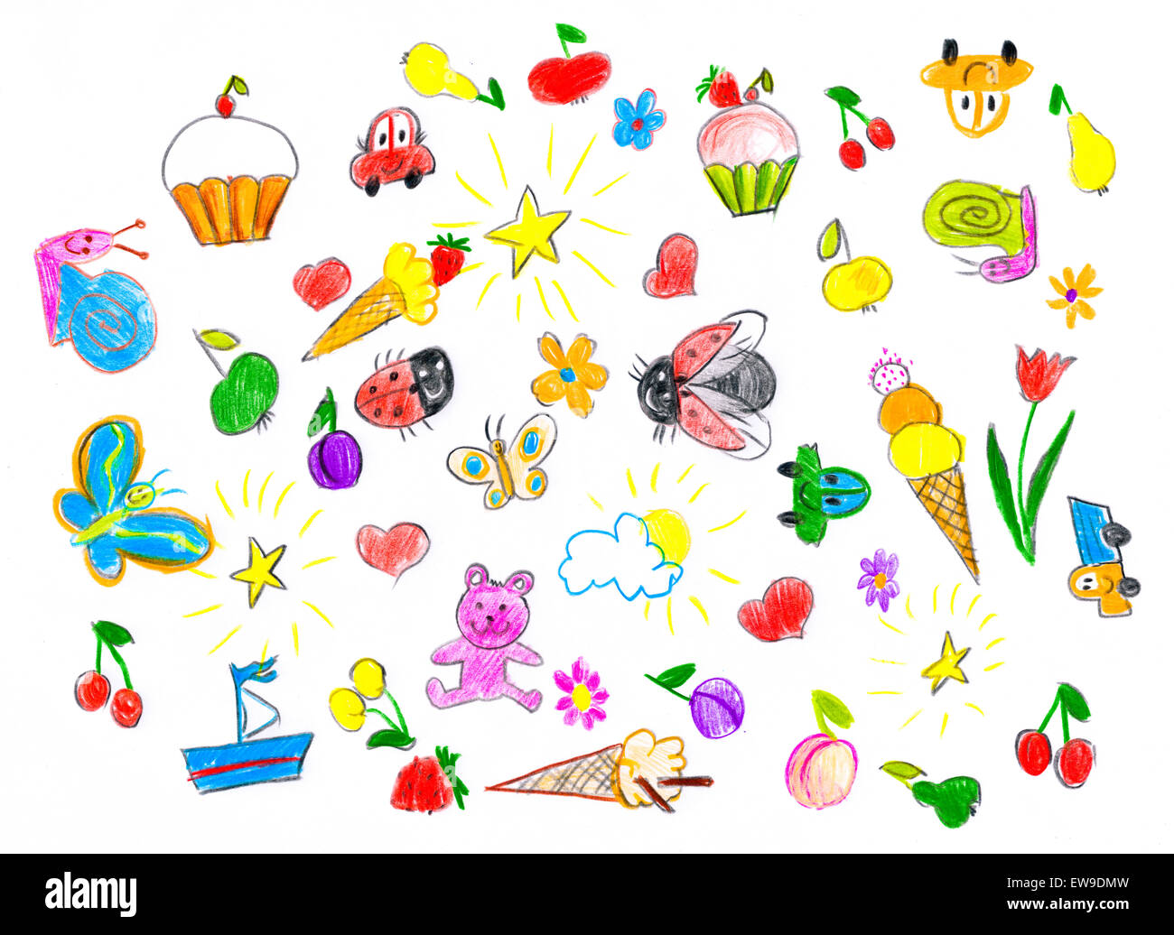hand drawn childish object set. child drawing Stock Photo - Alamy