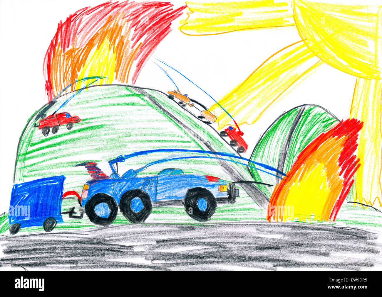 fire truck extinguish fire in field. child drawing Stock Photo - Alamy