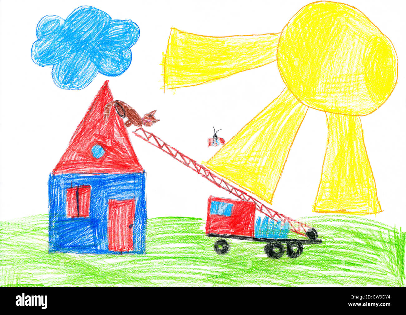 fire truck rescue cat from roof house. child drawing Stock Photo - Alamy