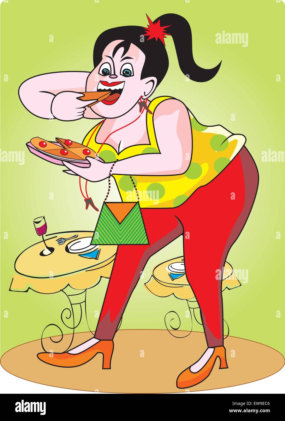Fat girl, with pie and drink, in a restaurant, vector illustration ...