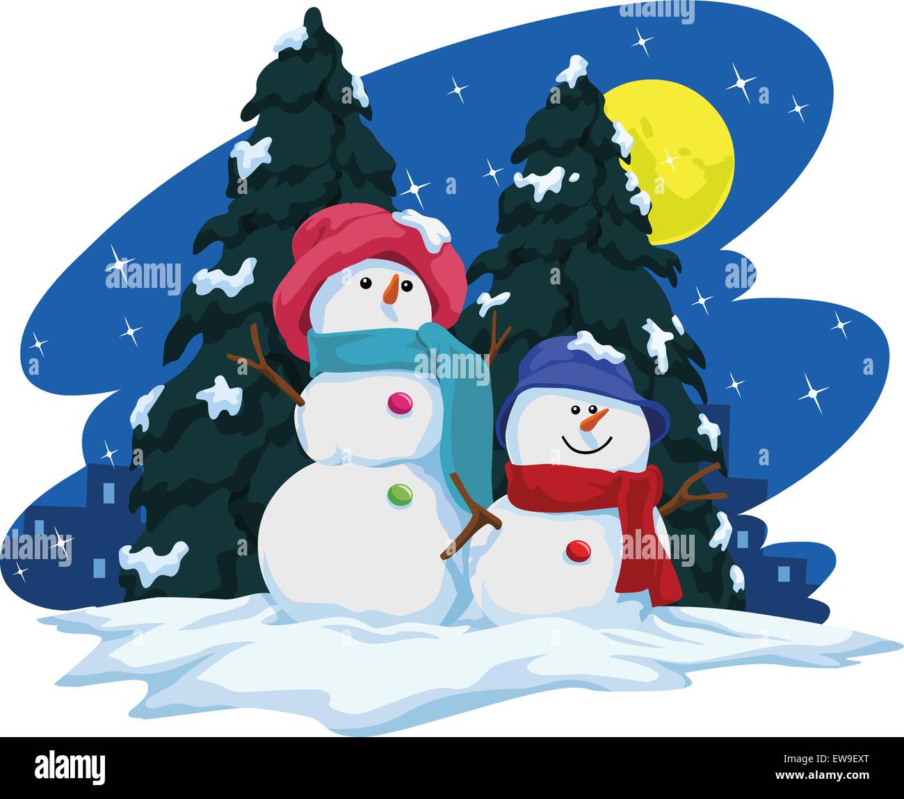 Vector illustration of two snowmen and christmas tree during snowfall ...