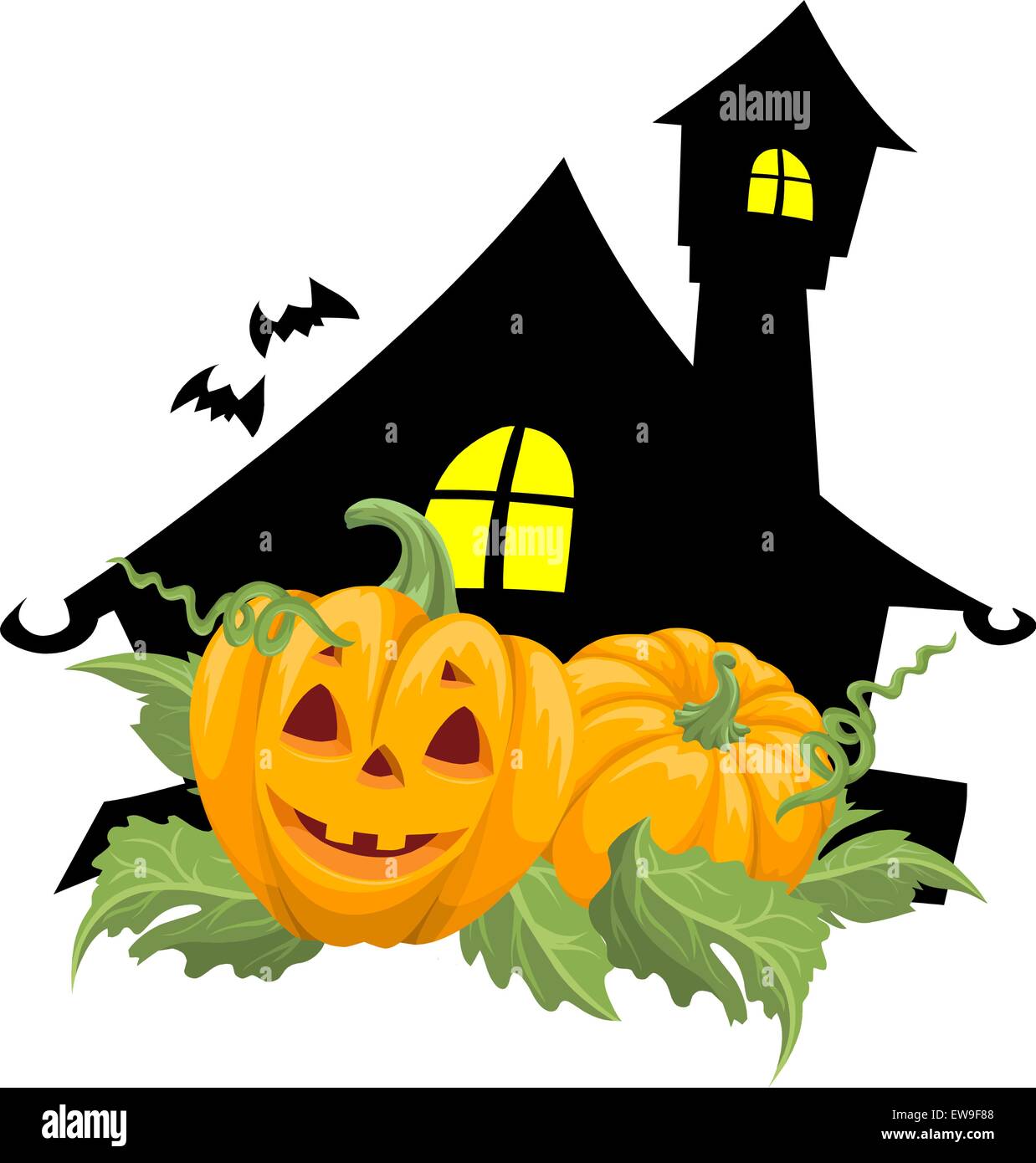 Halloween, showing haunted house, pumpkins, and bats, vector ...