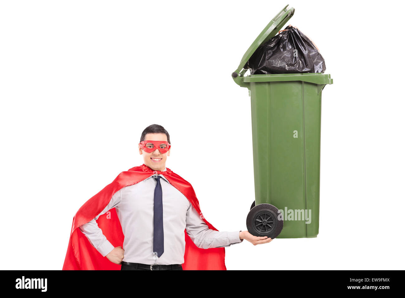Superhero holding a large trash can isolated on white background Stock ...