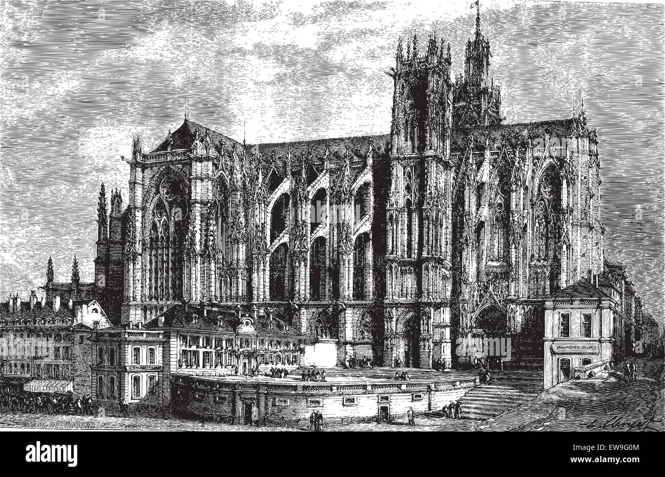 The Cathedral of Metz (north side), vintage engraved illustration ...
