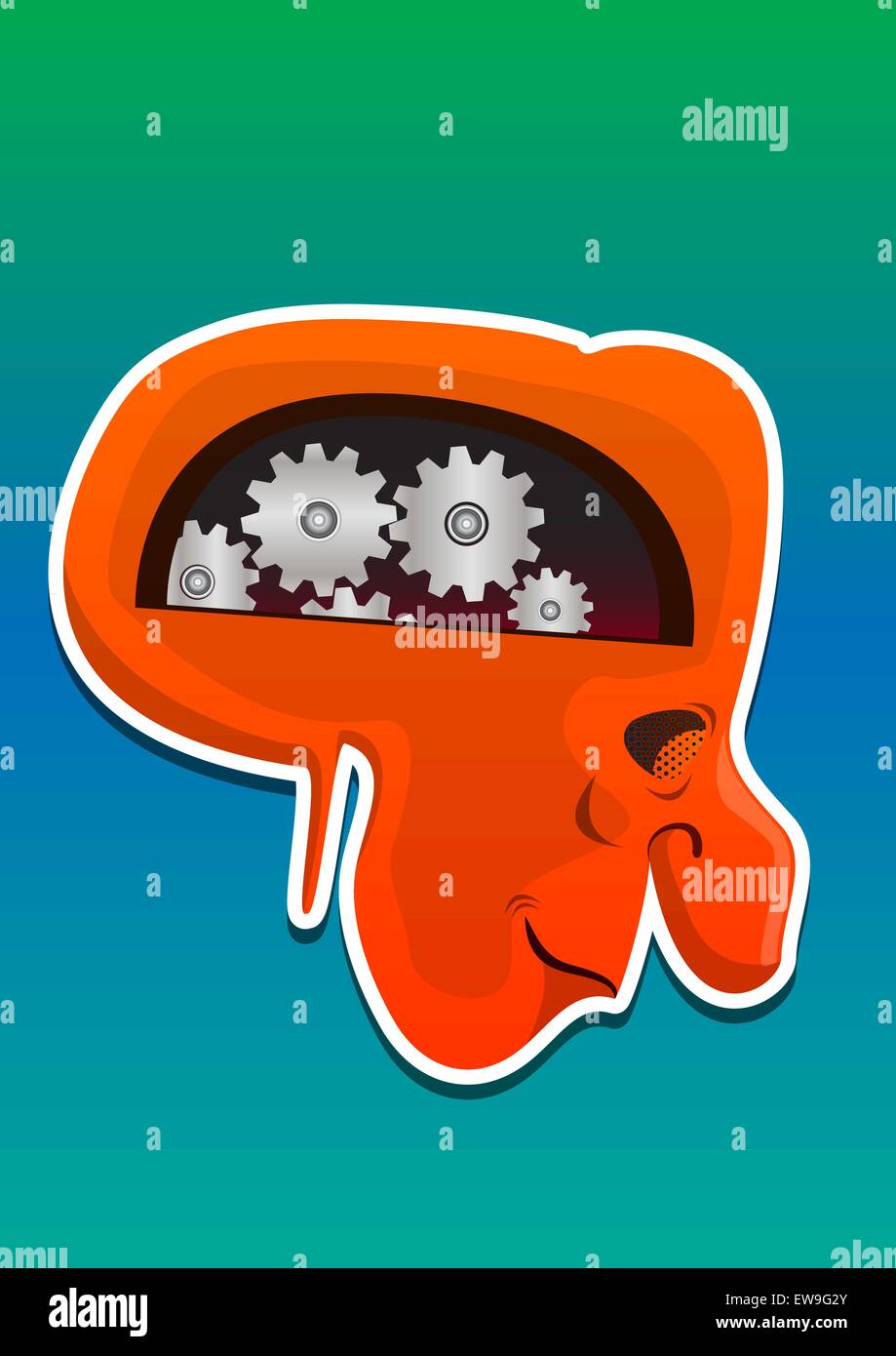 Monster Head, with Mechanical Brain, Red Orange, Side View, vector ...