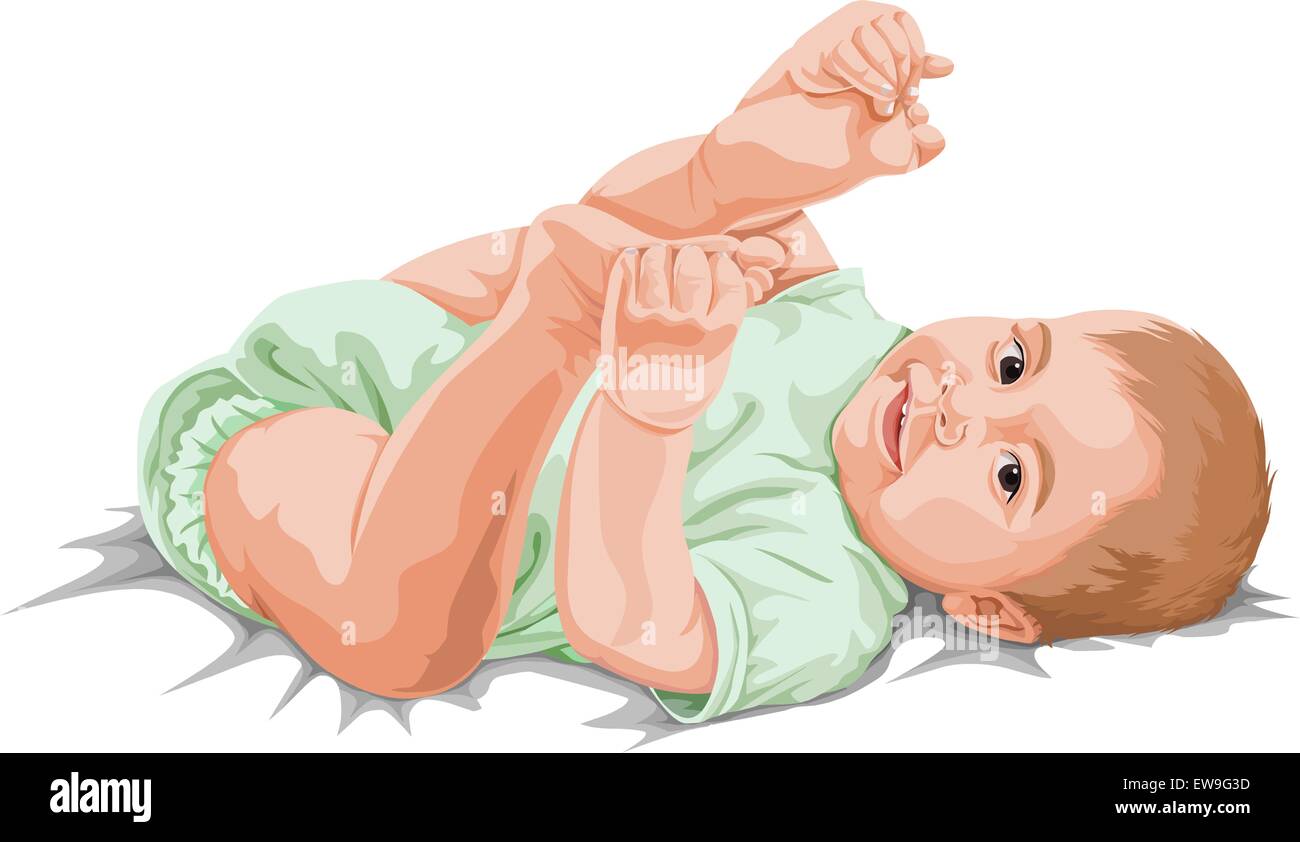 Vector illustration cute little baby boy playing with his feet Stock ...