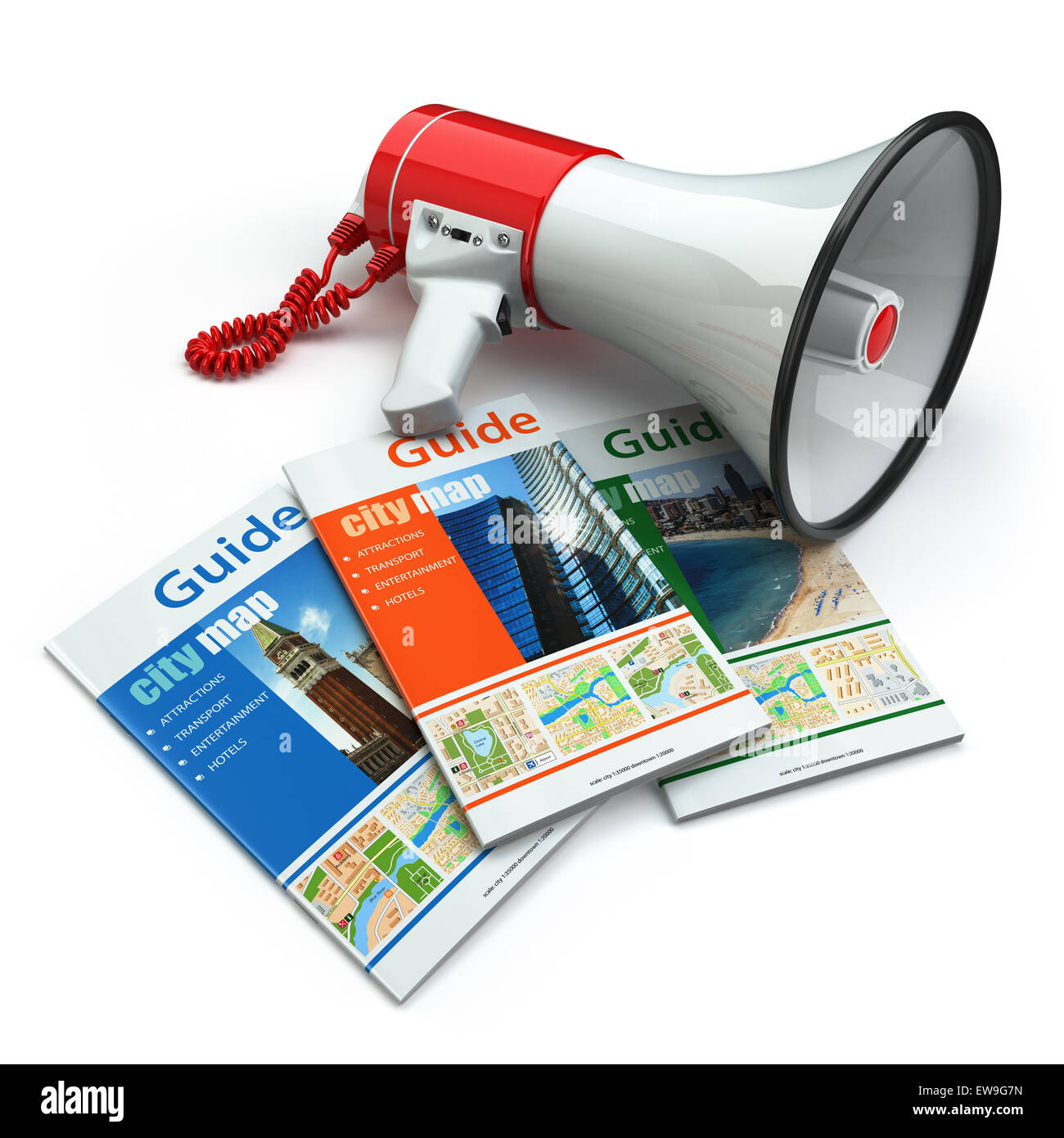 Travel guide books and megaphone on white isolated background ...