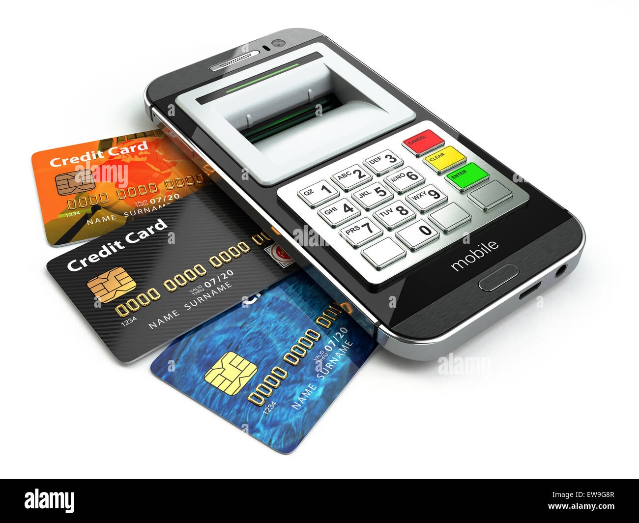 Mobile banking concept. Smartphone as ATM and credit cards. 3d Stock ...