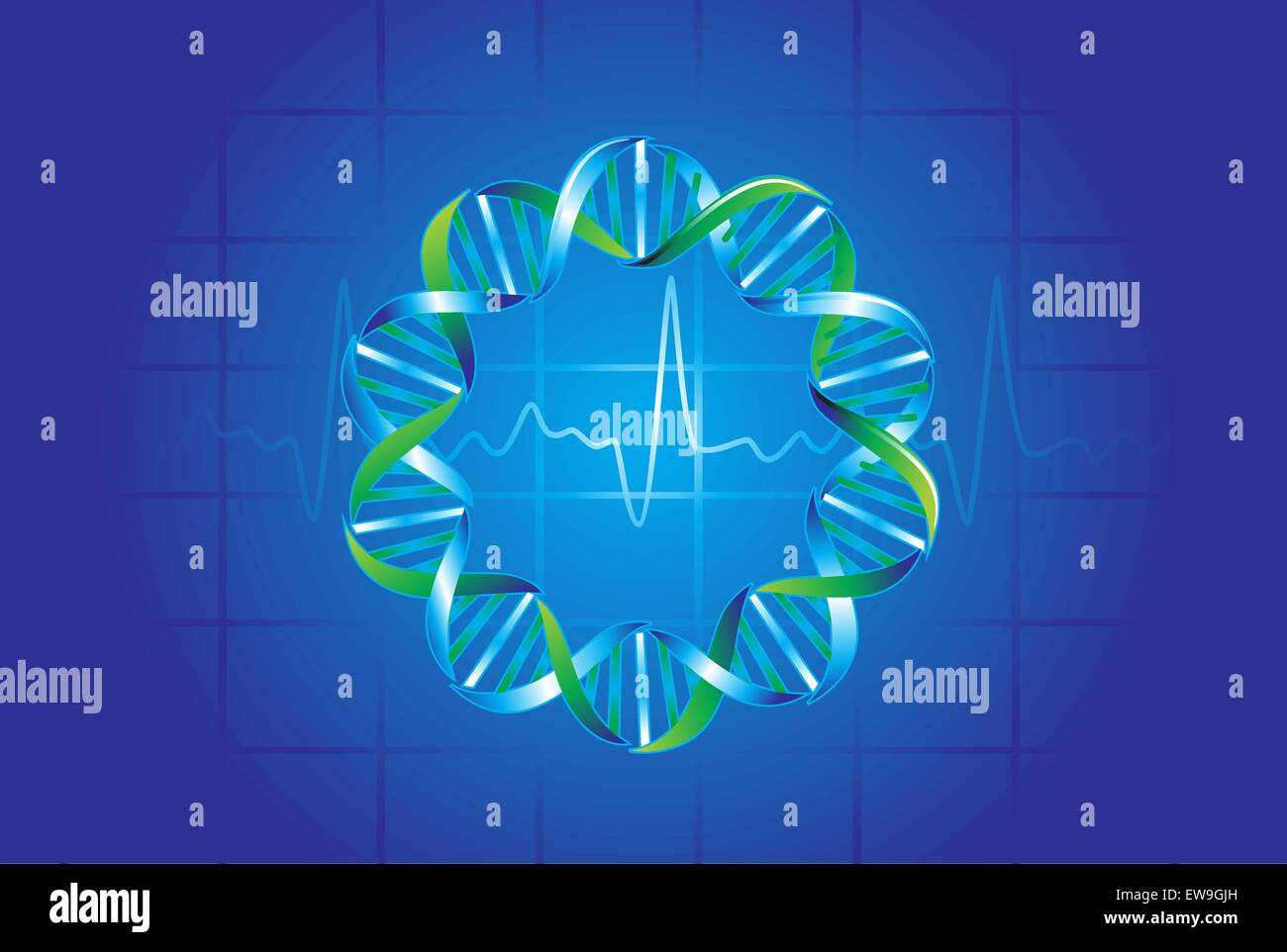Medical symbols in blue showing DNA strand and pulse rate, vector ...