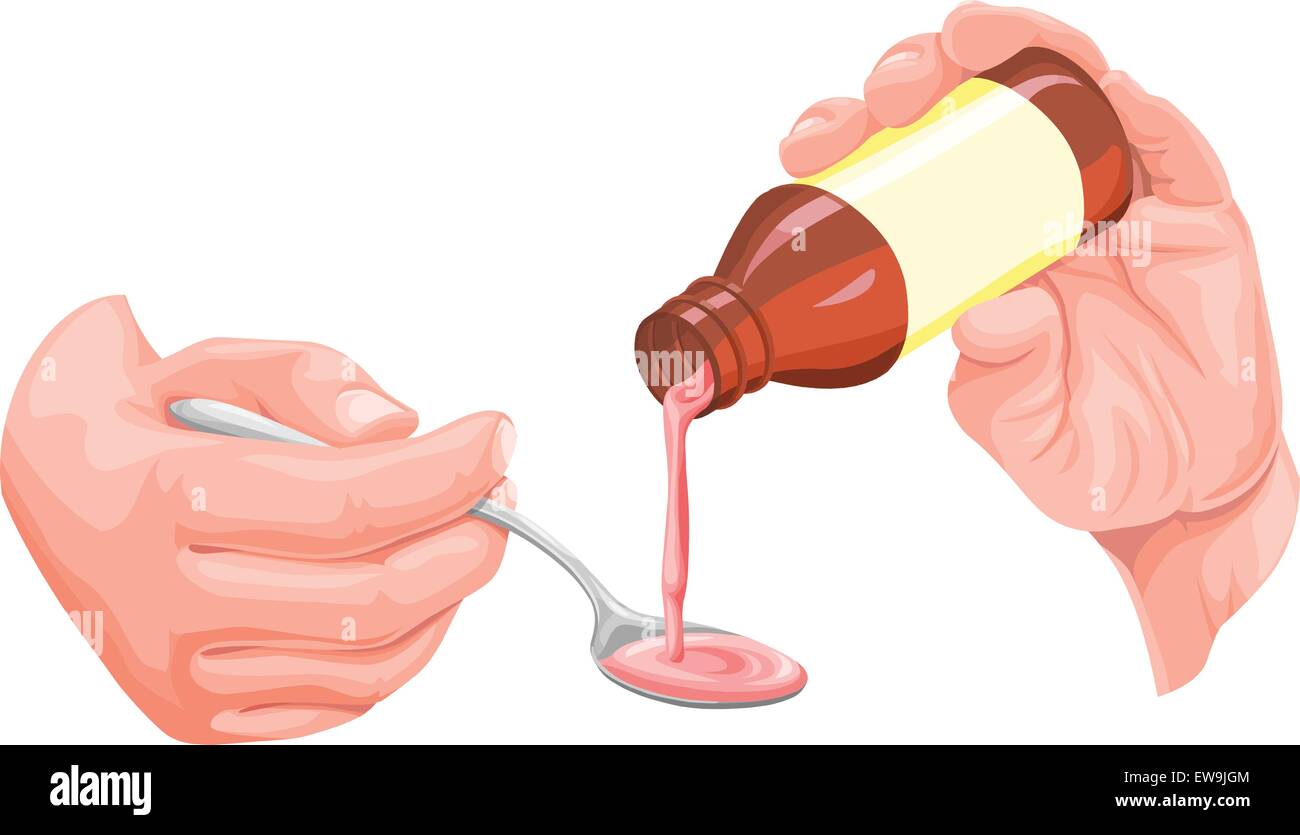 Vector illustration of human hand pouring prescription syrup on spoon ...