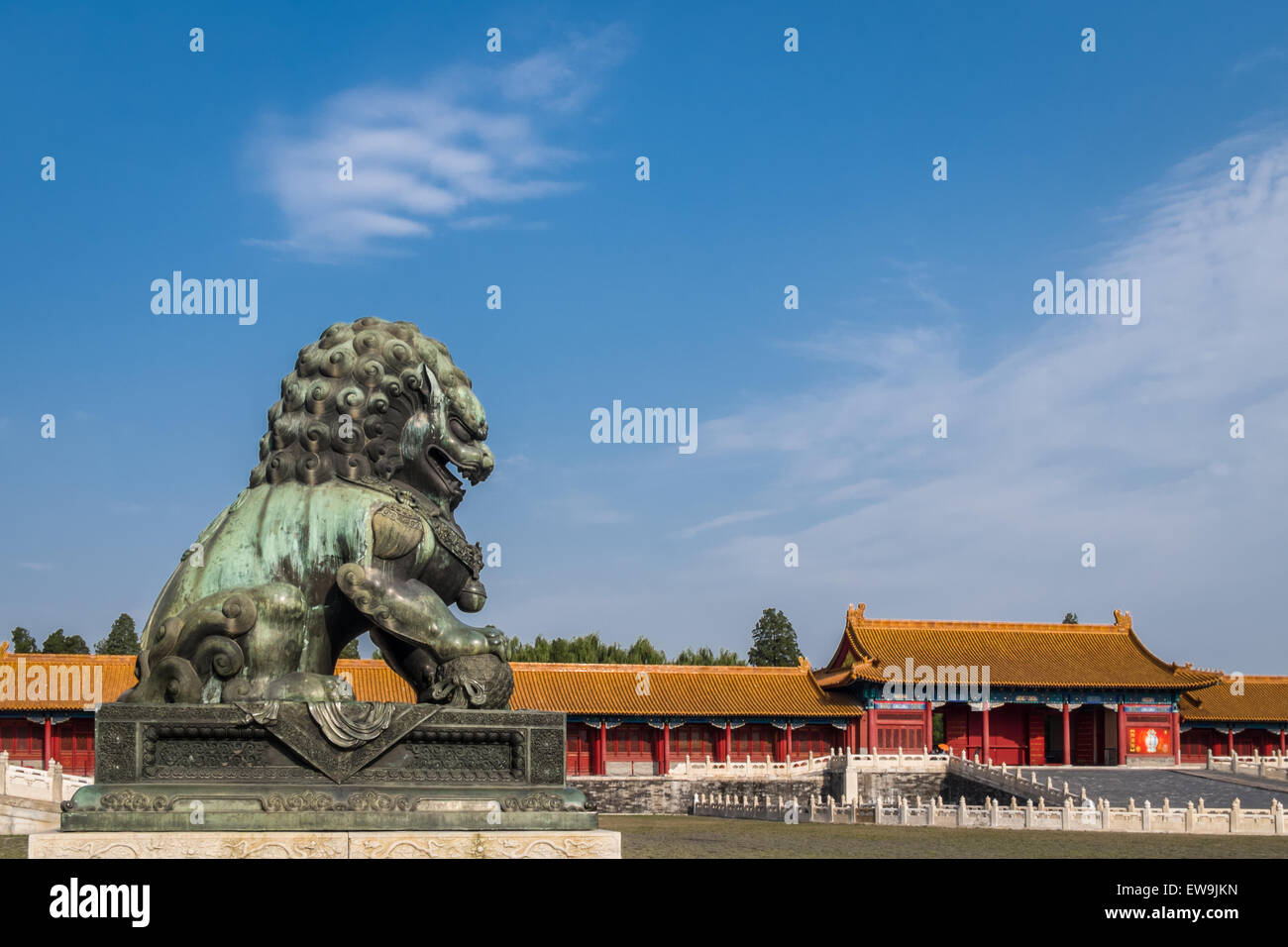 Male Bronze Guardian Lion in front of the Gate of Supreme Harmony in ...