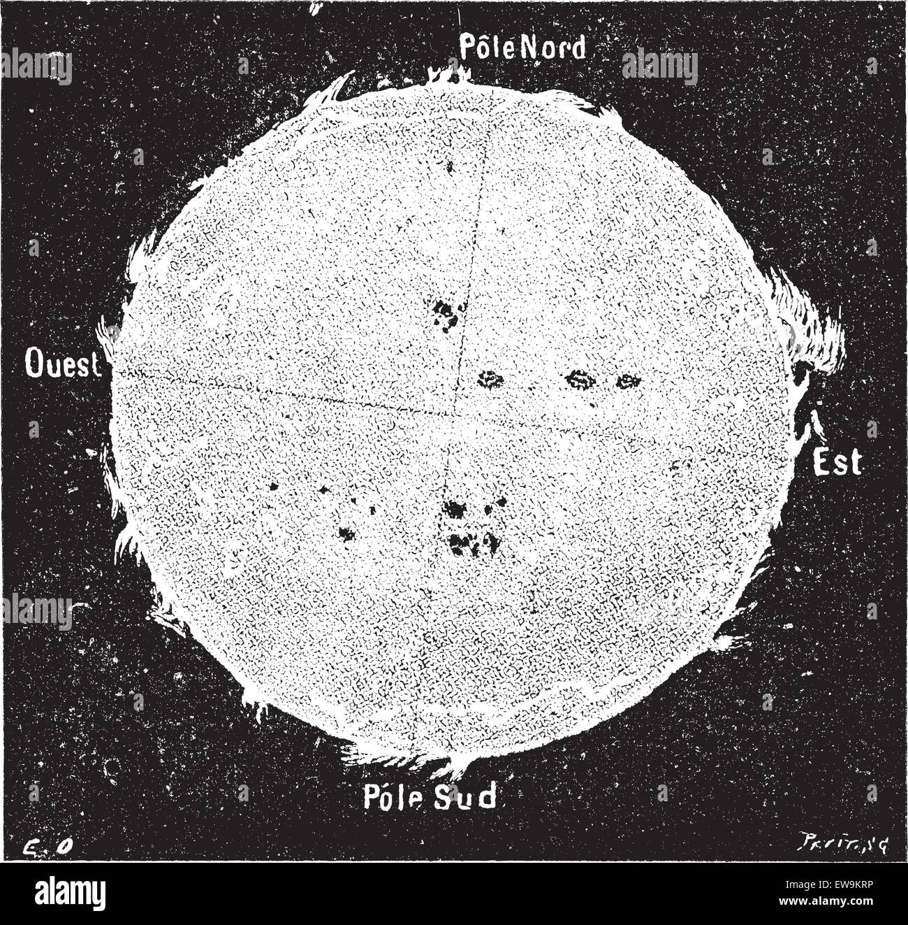 Old engraved illustration of the Sun with solar disk protrusions ...