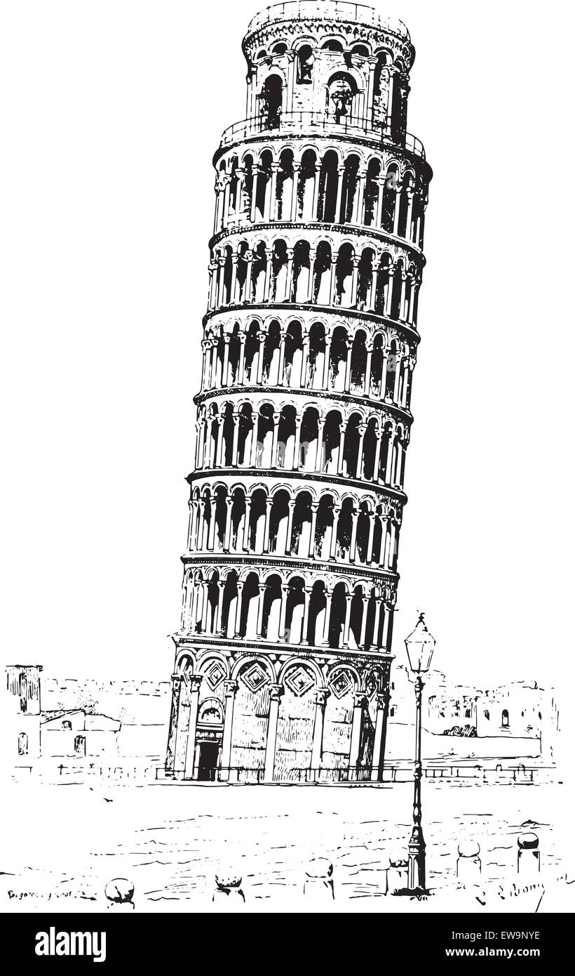 Leaning tower of Pisa or Tower of Pisa, vintage engraved illustration ...