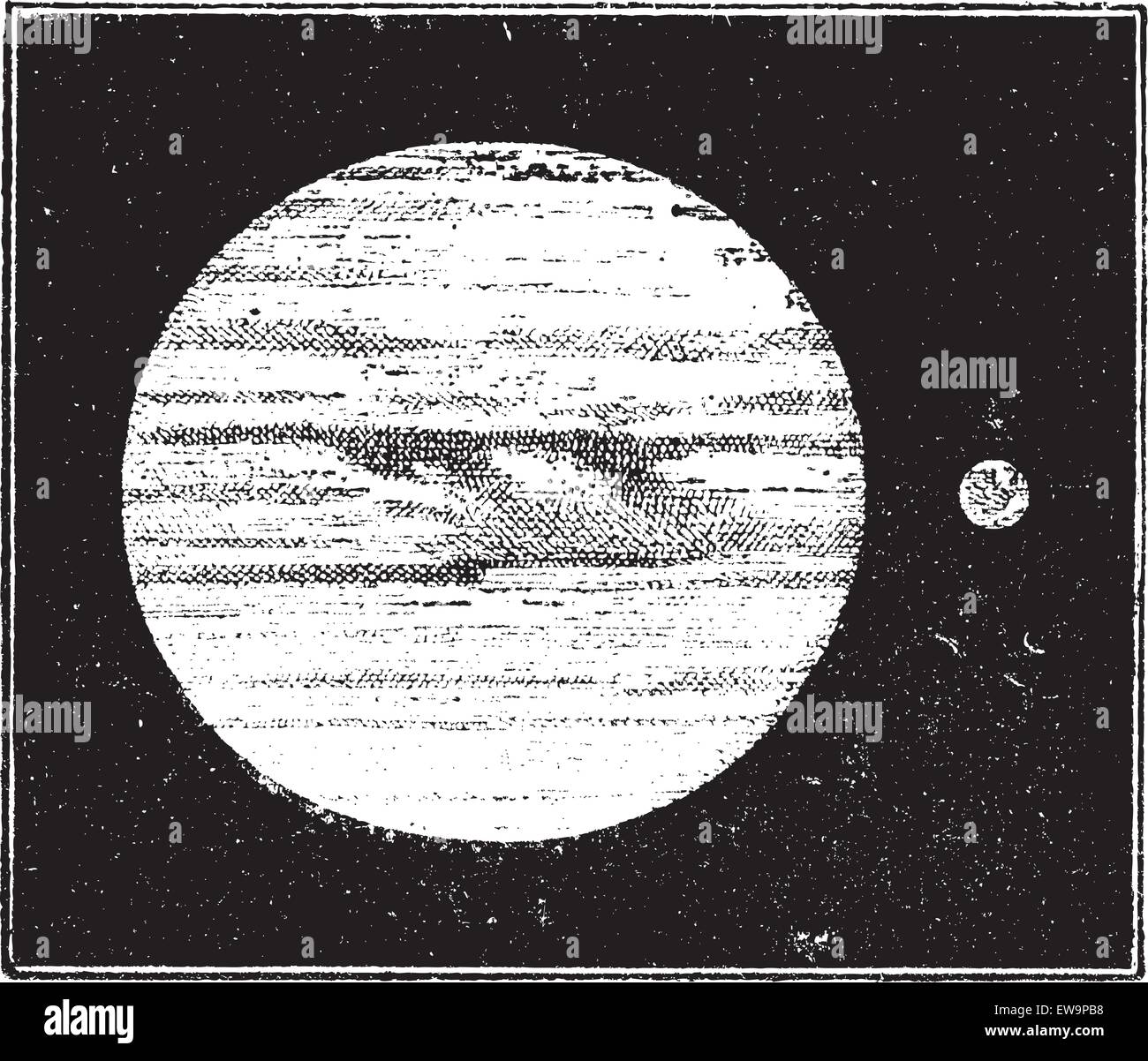 Jupiter and Earth, dimensions compared, vintage engraved illustration ...