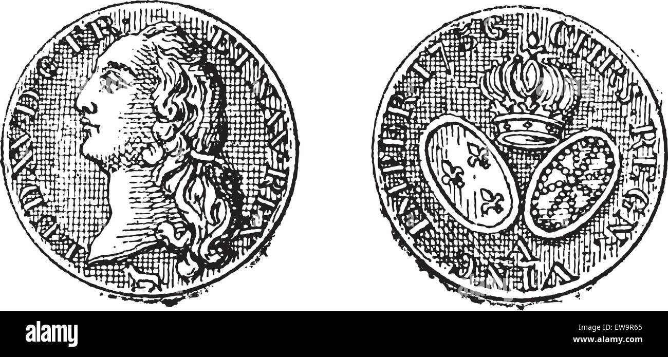King Louis XV Gold Coin, front and back, vintage engraved illustration ...