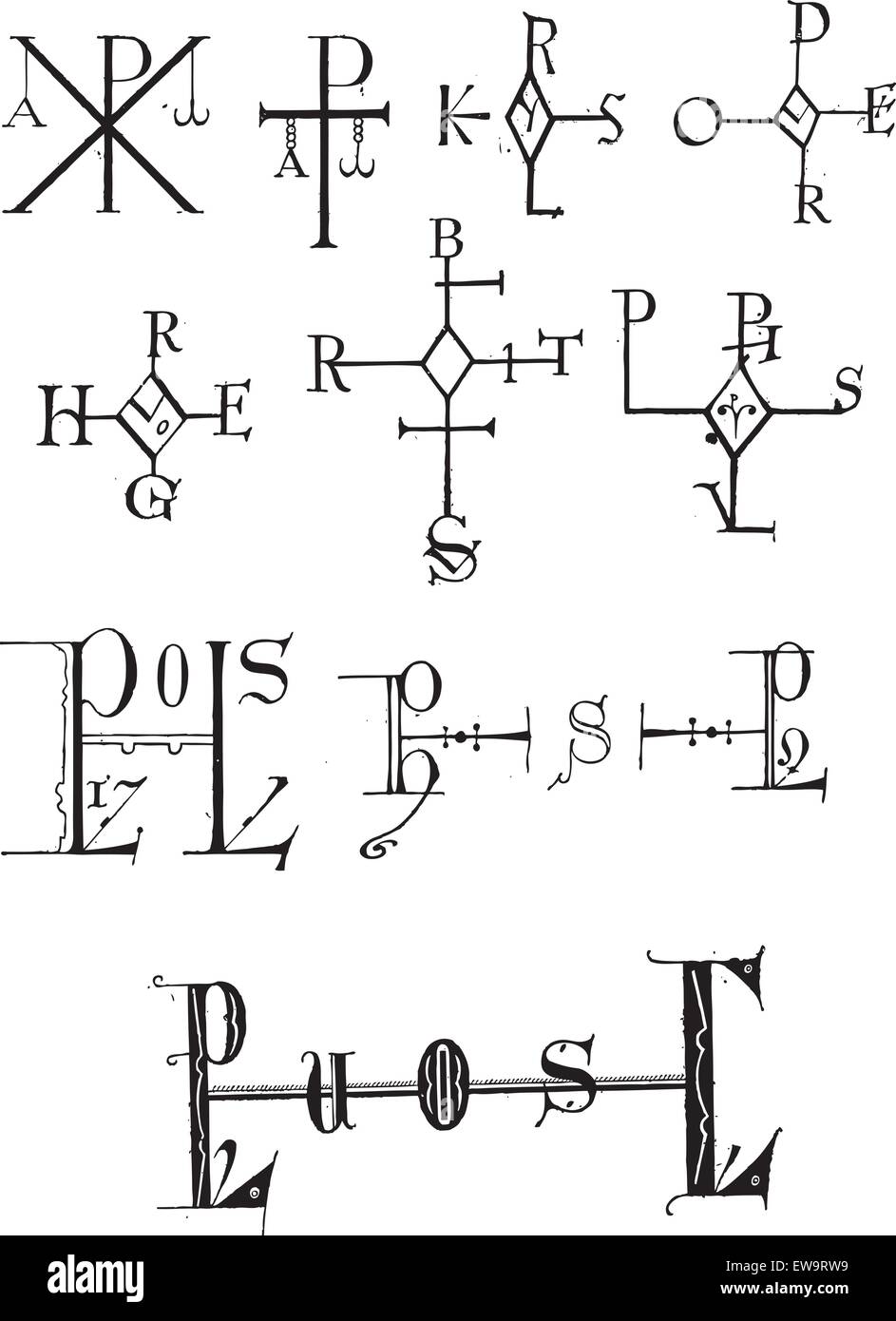Monogram, showing several examples, vintage engraved illustration ...