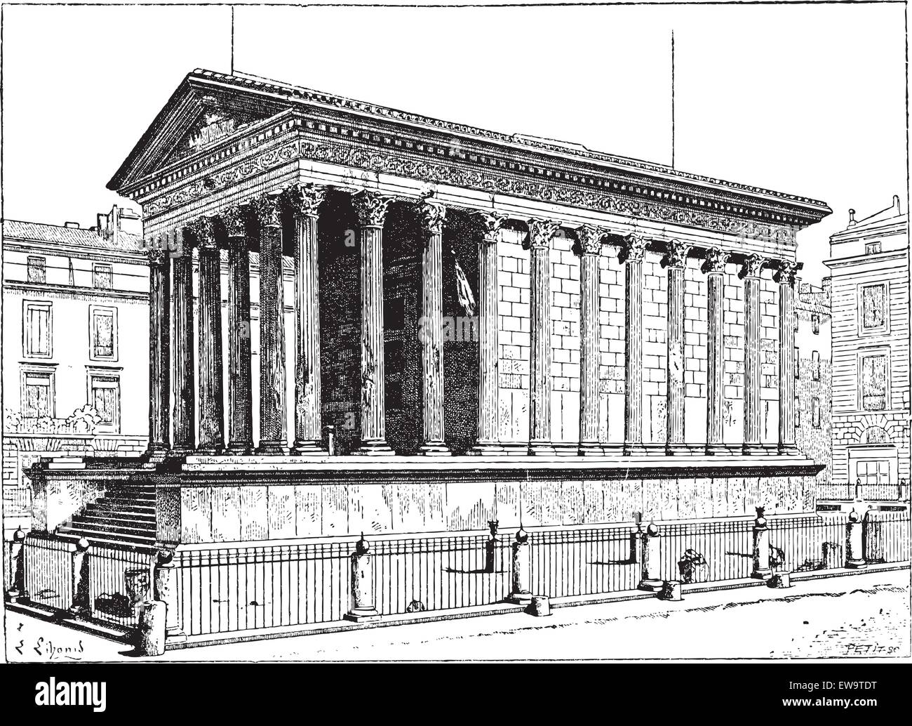 Maison Carree, in Nimes, Languedoc-Roussillon, France, vintage engraved ...