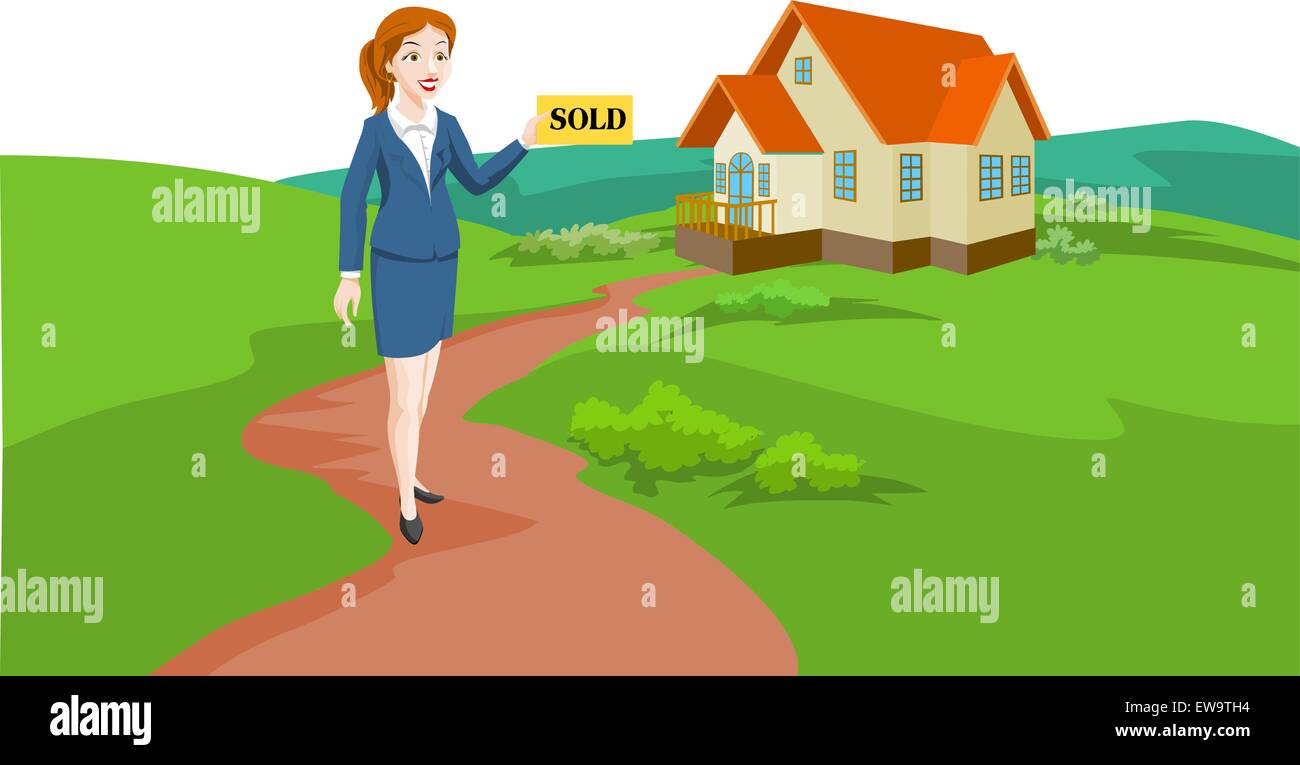 Woman Real Estate Agent Selling a House, Holding a Sold Sign, vector ...