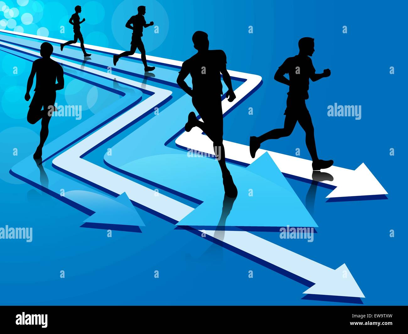 Group of five man silhouette running on blue and white arrow tracks, on ...