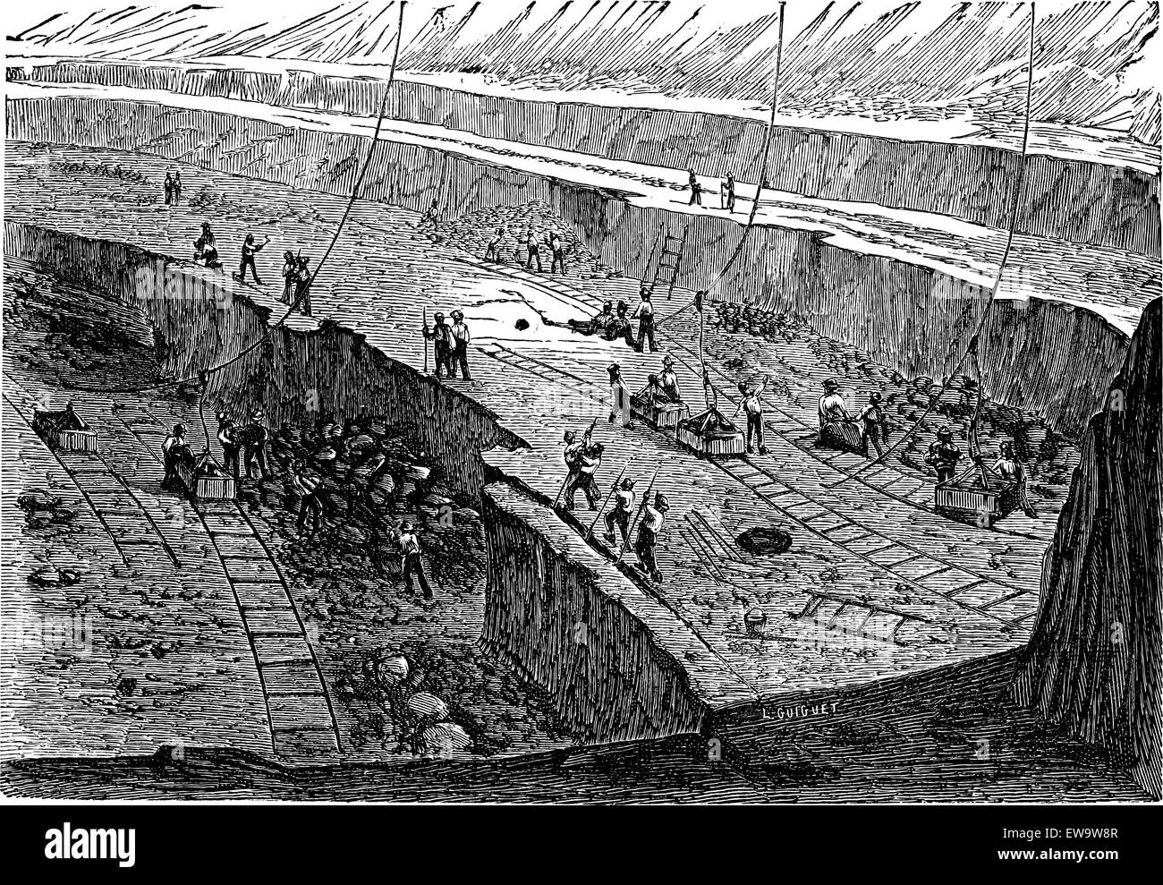 Open-pit Mining, vintage engraved illustration. Industrial Encyclopedia ...