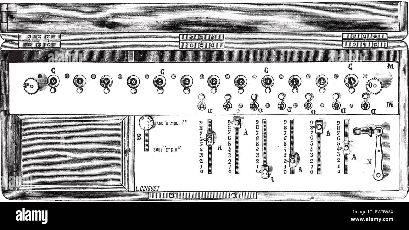 Old engraved illustration of Arithmometer or Arithmometre with mention ...