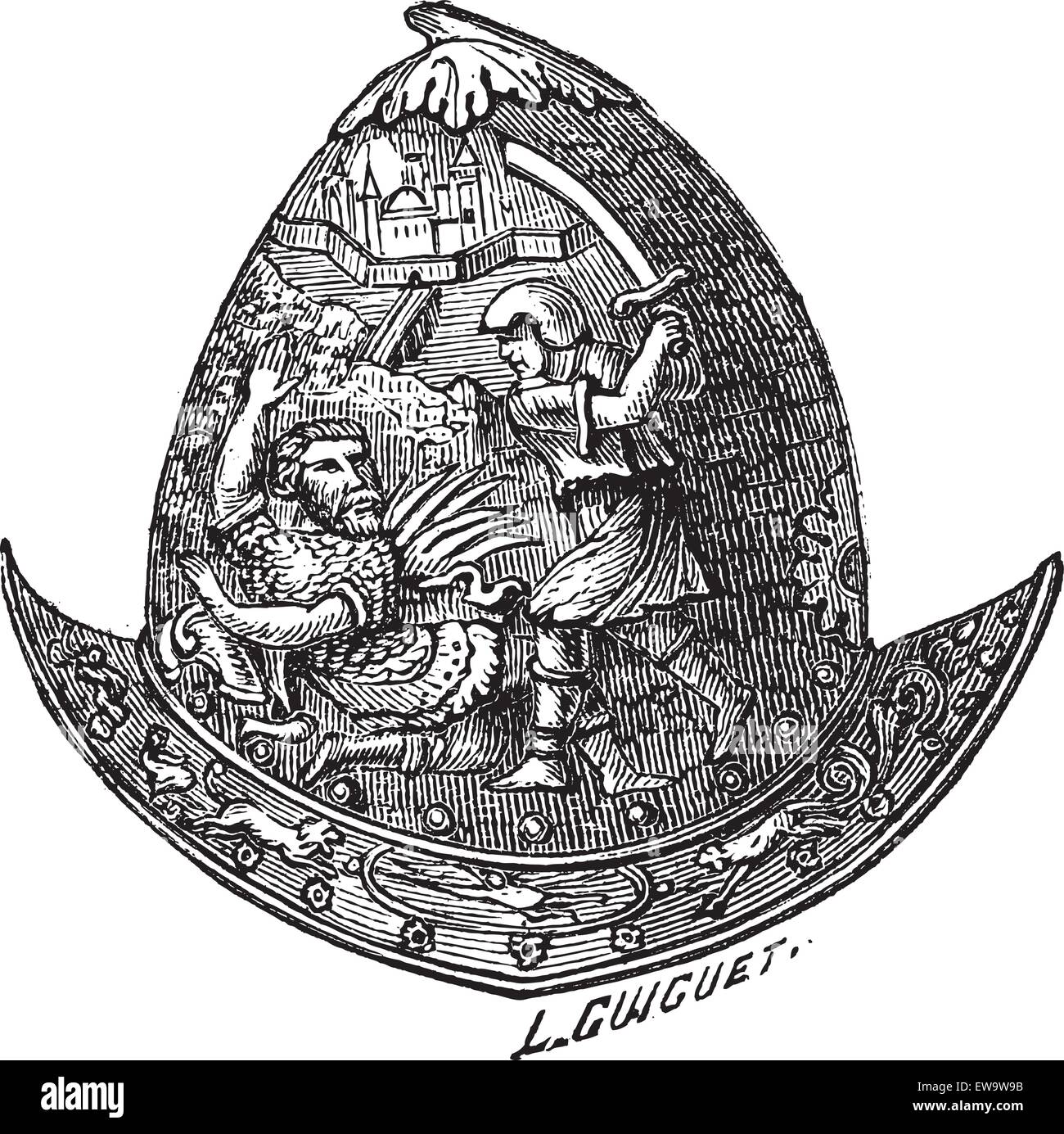 Old engraved illustration of Morion helmet isolated on a white ...