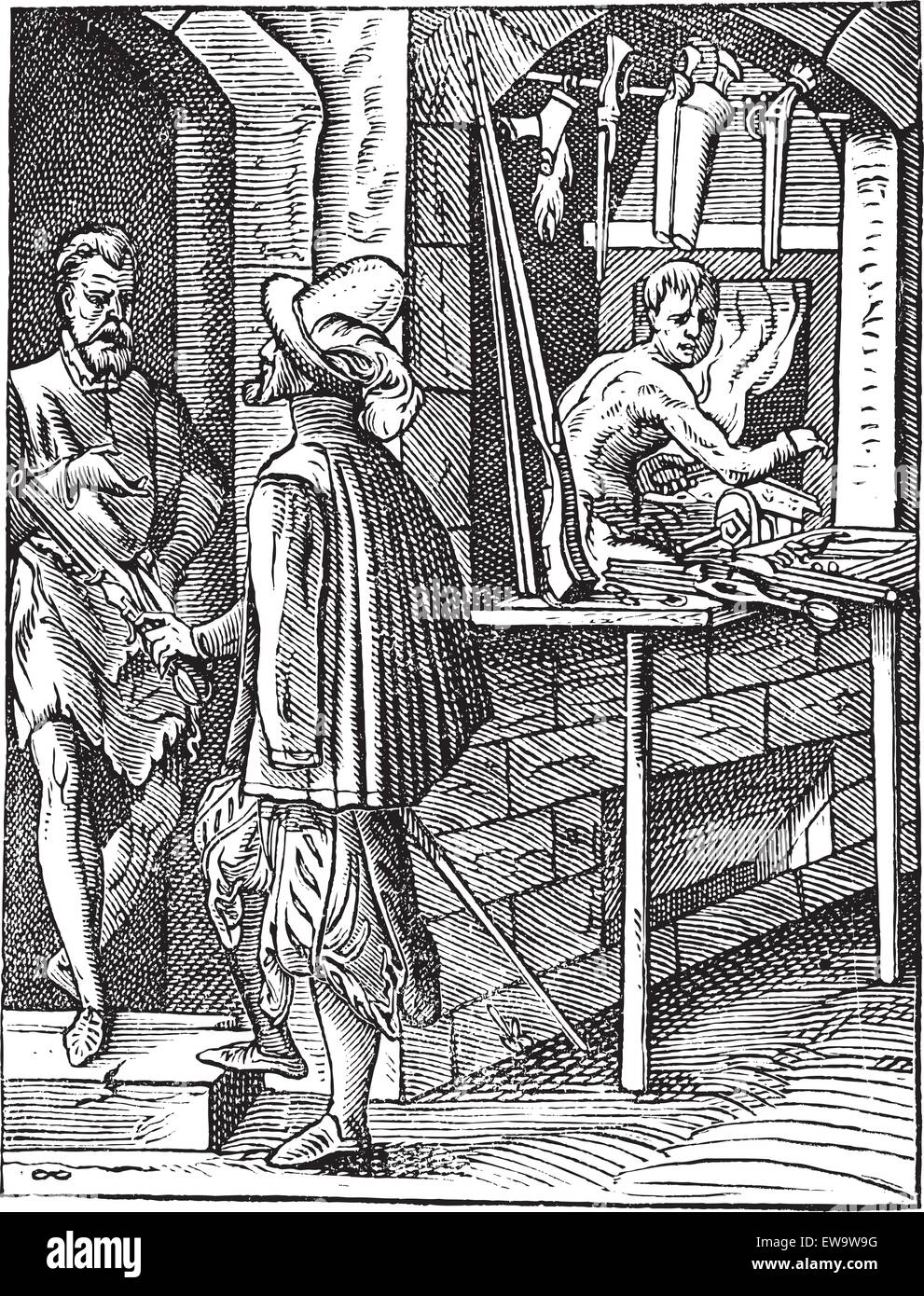 Old engraved illustration of Gunsmith shop with three people ...