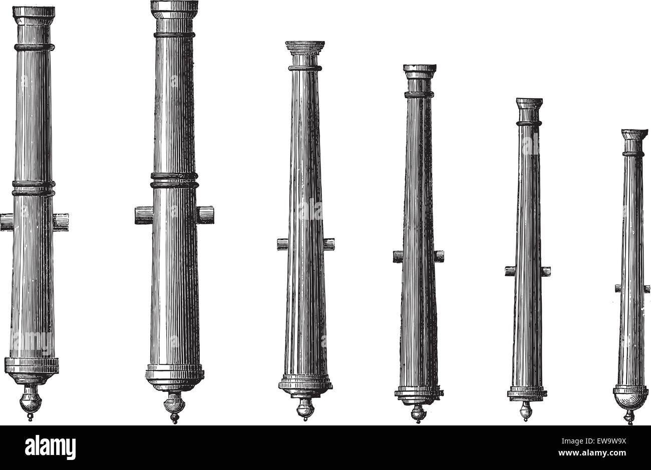 Old engraved illustration of six different types of cannon isolated on ...