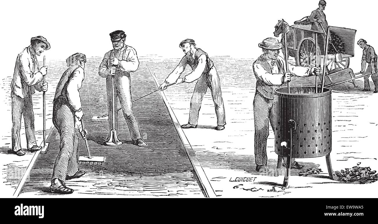 Old engraved illustration of road workers doing asphalt. Industrial ...
