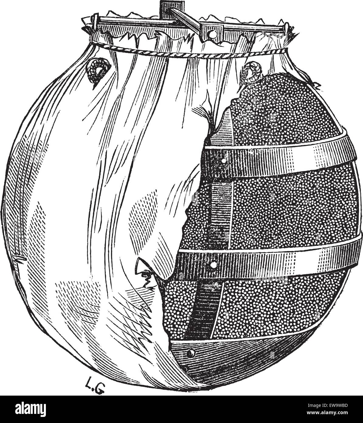 Old engraved illustration of bomb or fire bomb isolated on a white ...