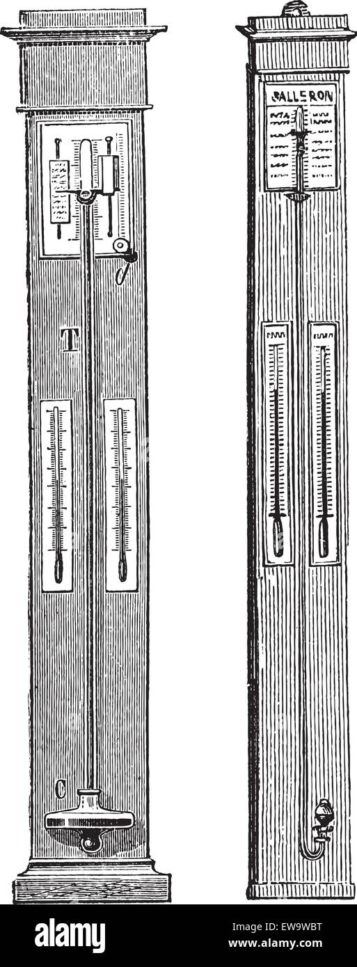 Old engraved illustration of Barometer bowl and siphon barometer isolated on a white background ...