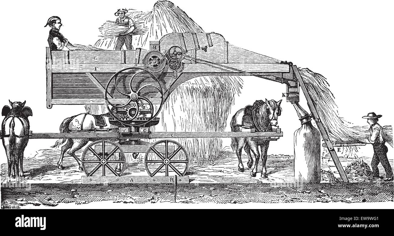 Old engraved illustration of Threshing machine or thrashing machine in ...