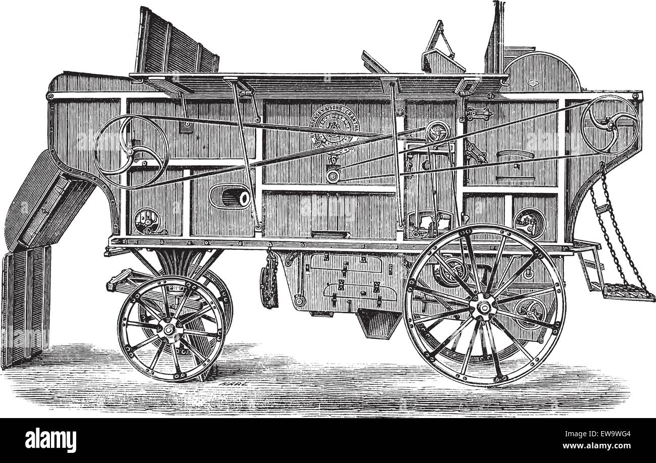 Old engraved illustration of thresher machine (Hornsby). Industrial ...